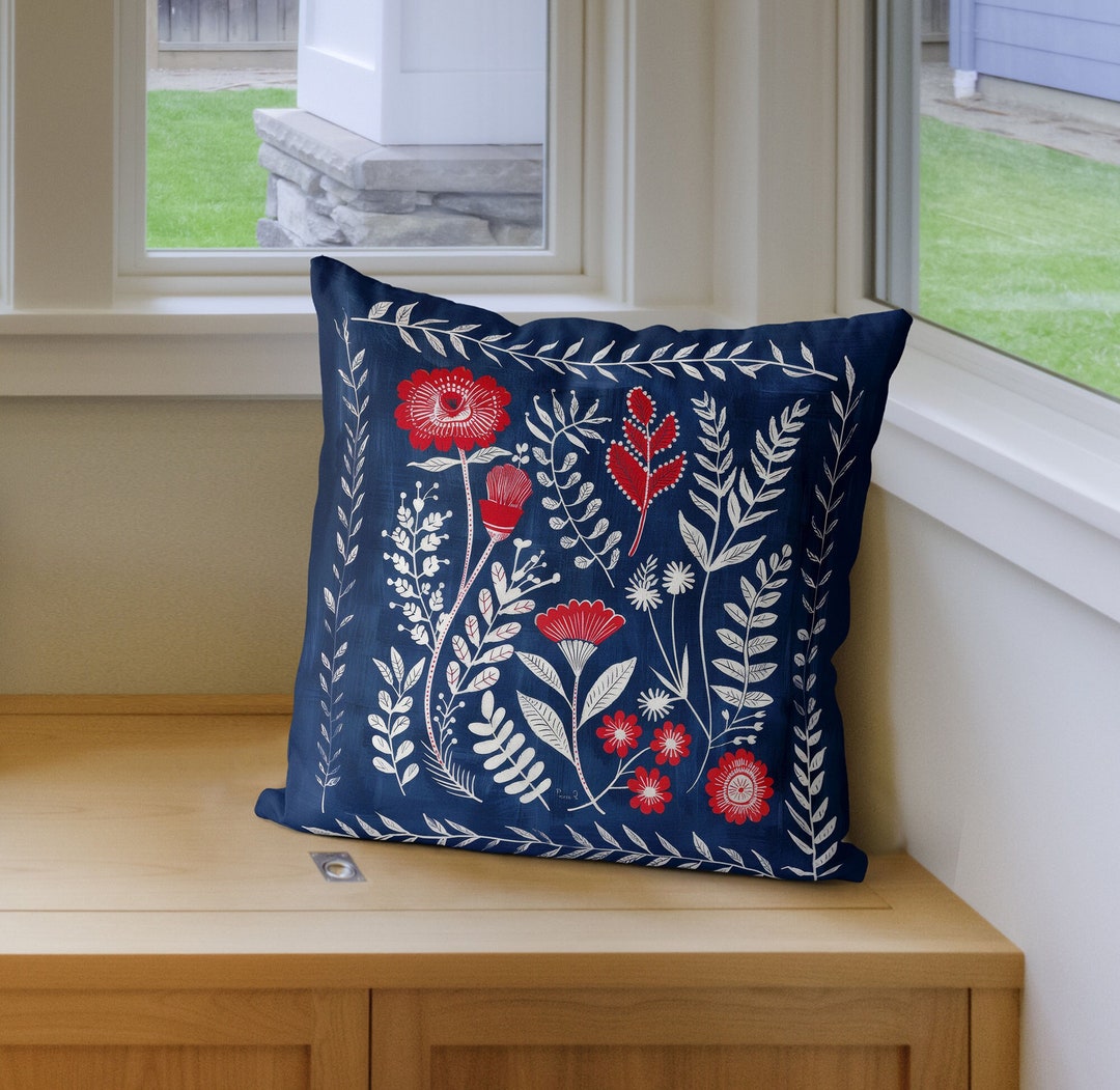 Navy Blue and Red Scandic Woodland Pillow Cover, Print Both Sides ...