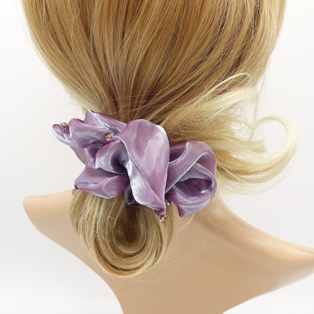 Rhinestone Sewn Organza Scrunchies Iridescent Hair Elastic Scrunchie ...