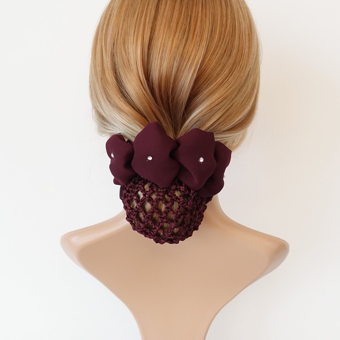 Side Rhinestone Pearl Embellished Chiffon Bun Net Snood Hair Claw Clip ...