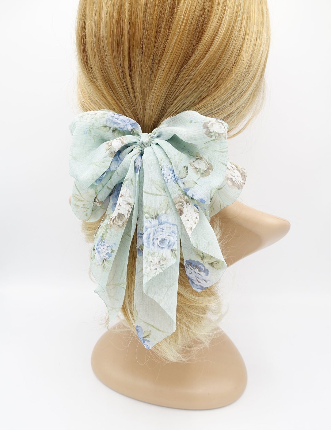 Chiffon Flower Print Bow Droopy Floral Layered Style Bow Hair Accessory ...