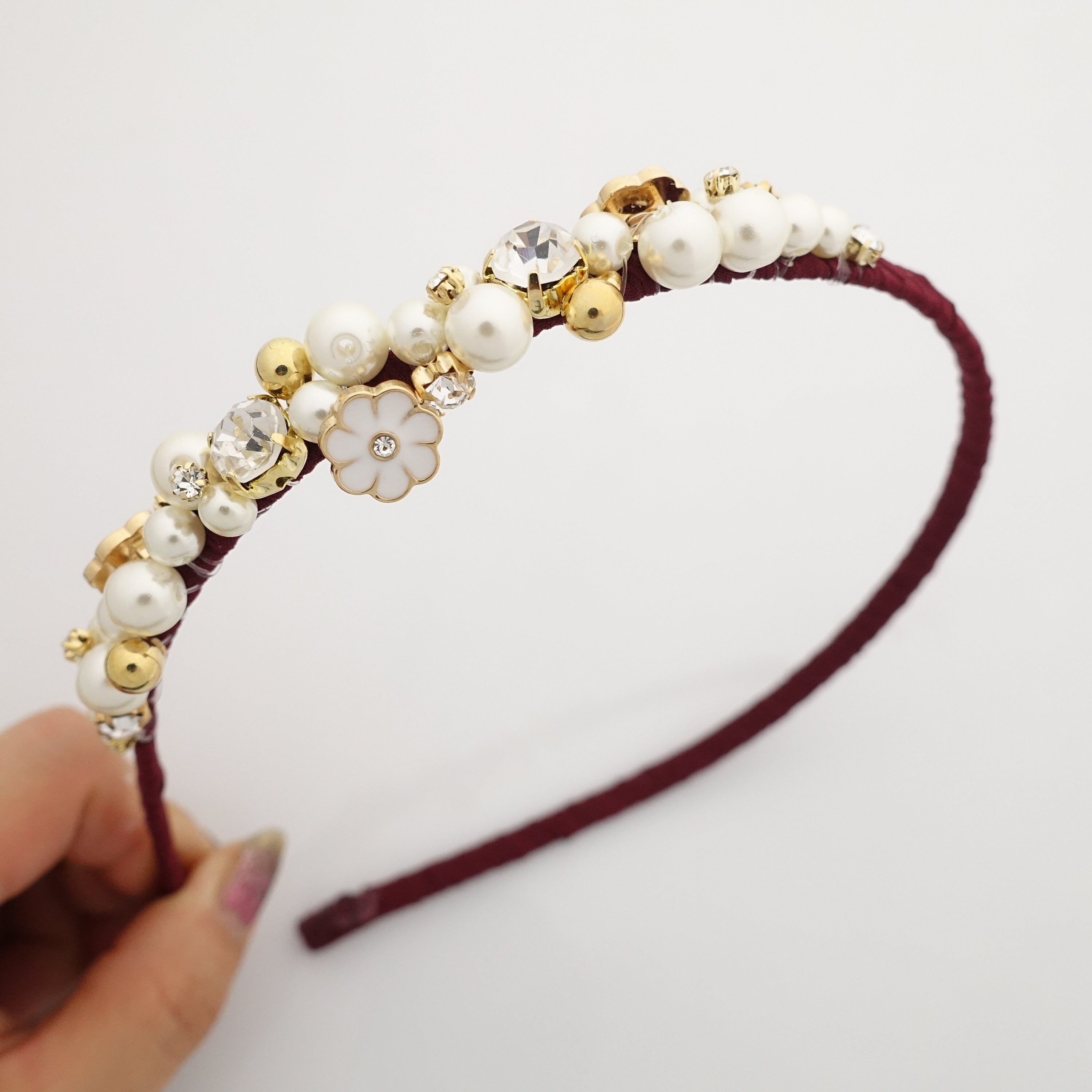 Rhinestone pearl beaded headband thin decorated elegant | Etsy