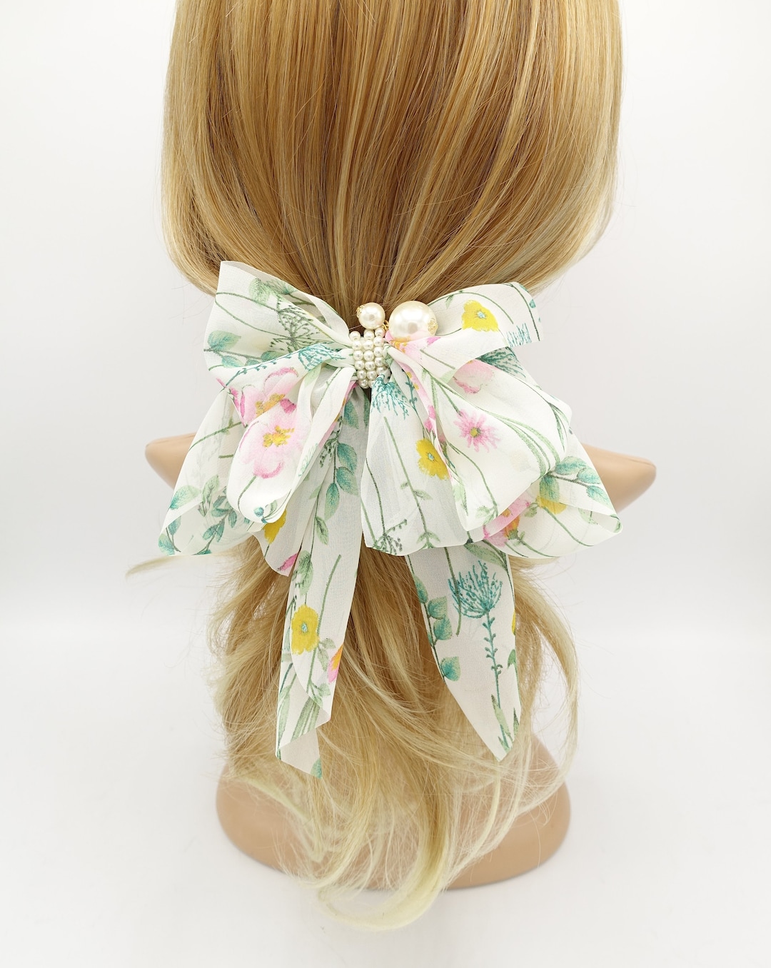 Thin Flower Print Bow Droopy Tail Blue Floral Pattern Hair Bow Barrette ...