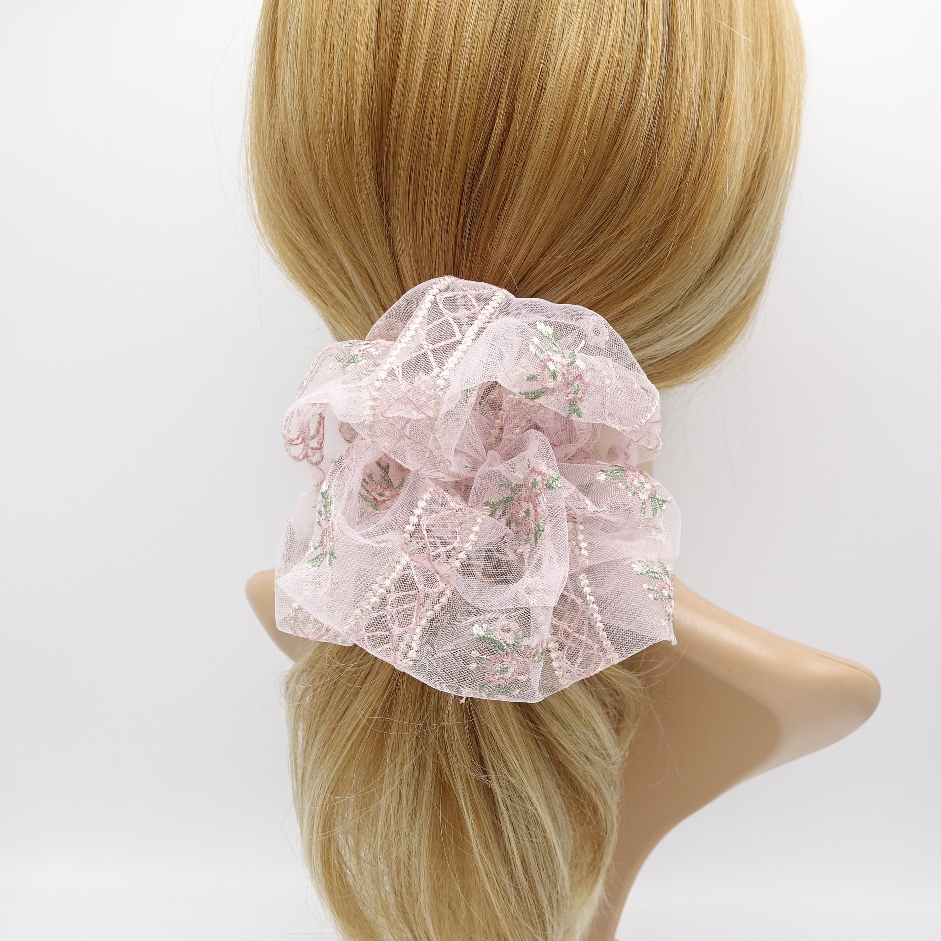 Flower Embroidered Tulle Scrunchies Mesh Oversized Hair - Etsy