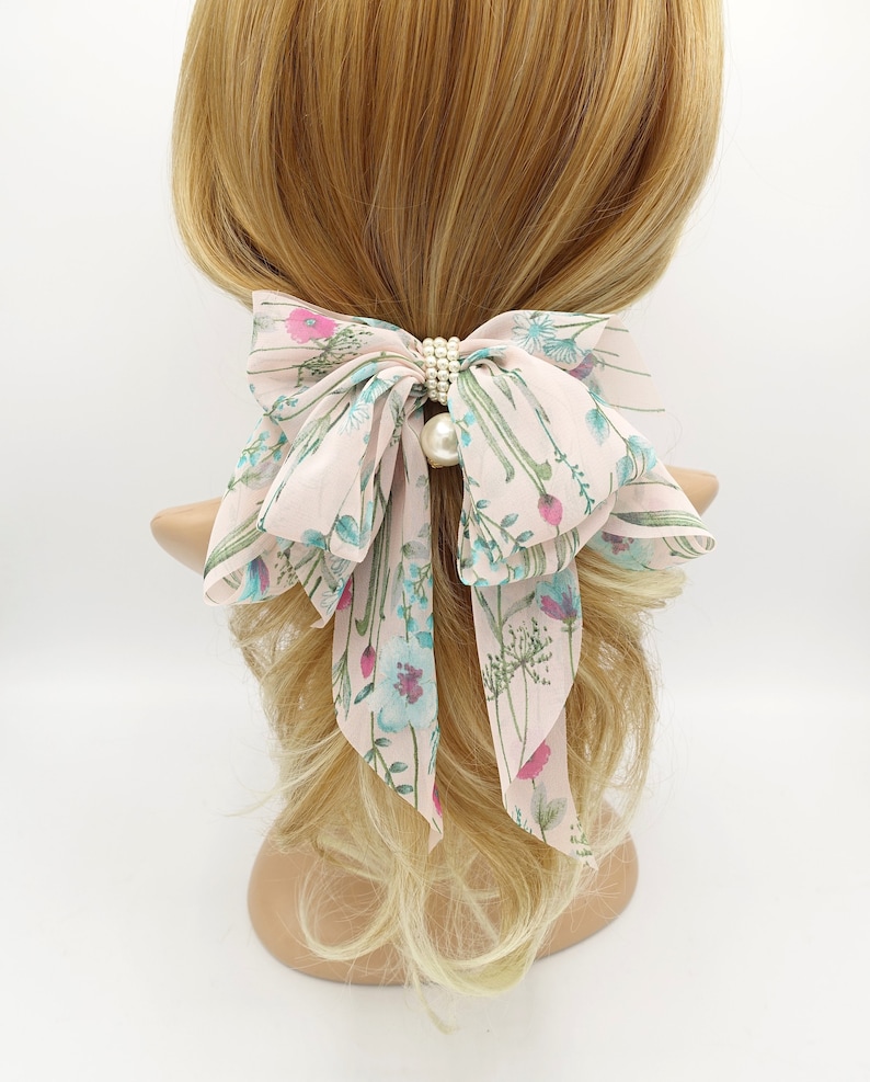 Thin Flower Print Bow Droopy Tail Blue Floral Pattern Hair Bow Barrette ...
