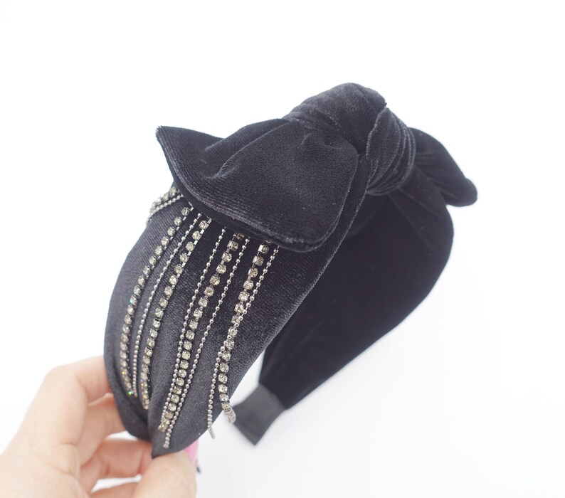 Velvet Satin Bow Tie Fringe Headband Chain Rhinestone Embellished ...
