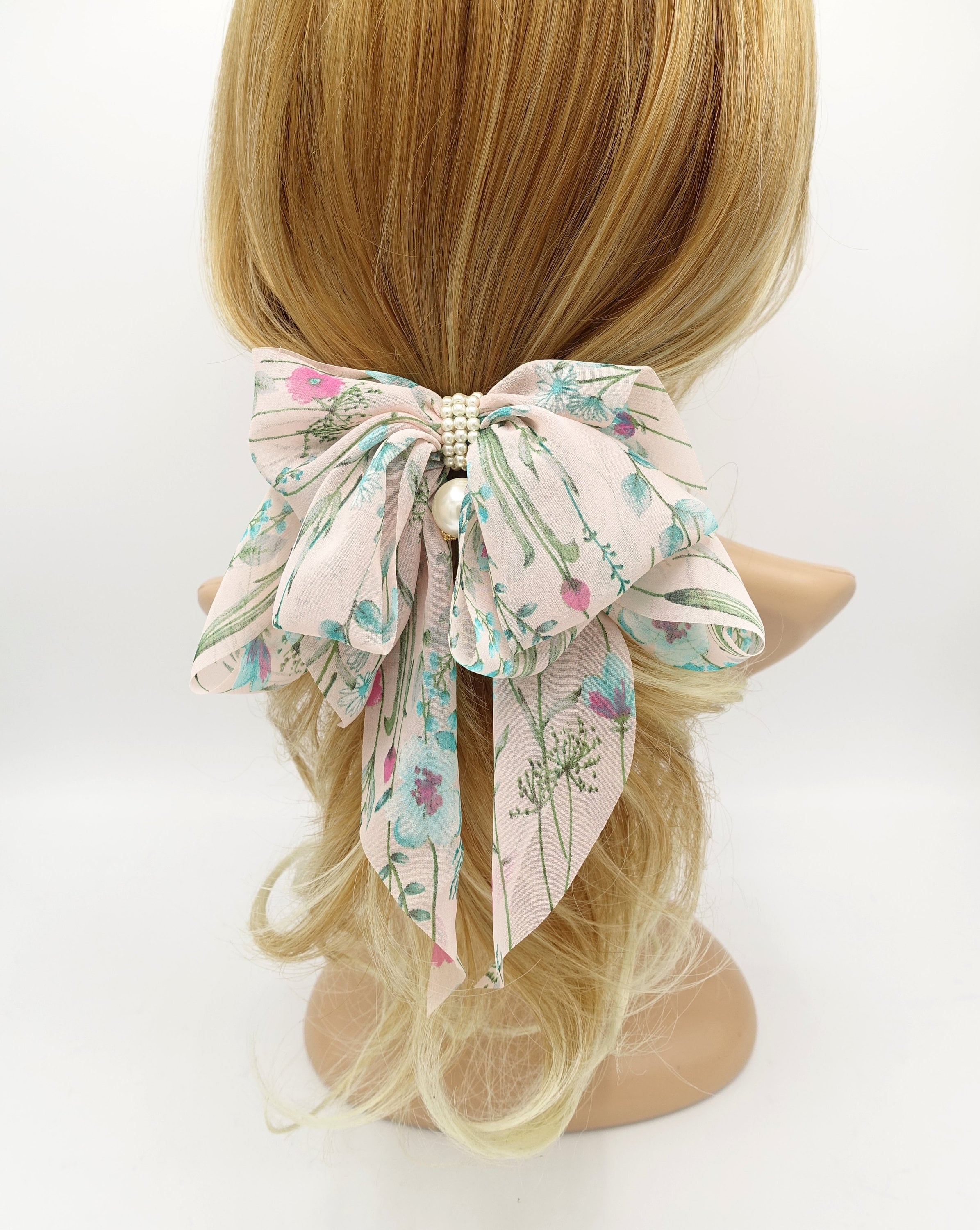 Thin Flower Print Bow Droopy Tail Blue Floral Pattern Hair Bow Barrette ...