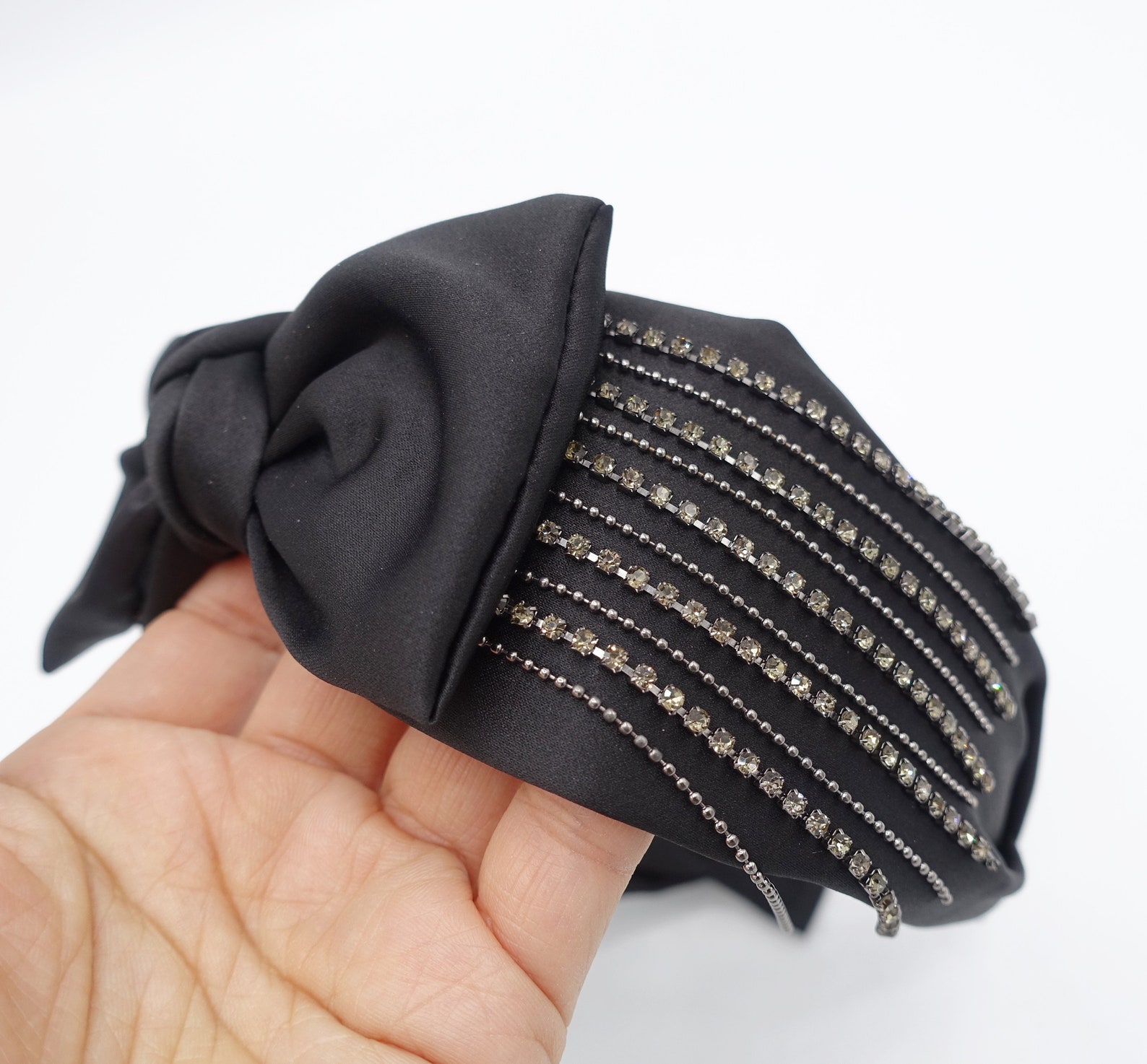 Velvet Satin Bow Tie Fringe Headband Chain Rhinestone Embellished ...