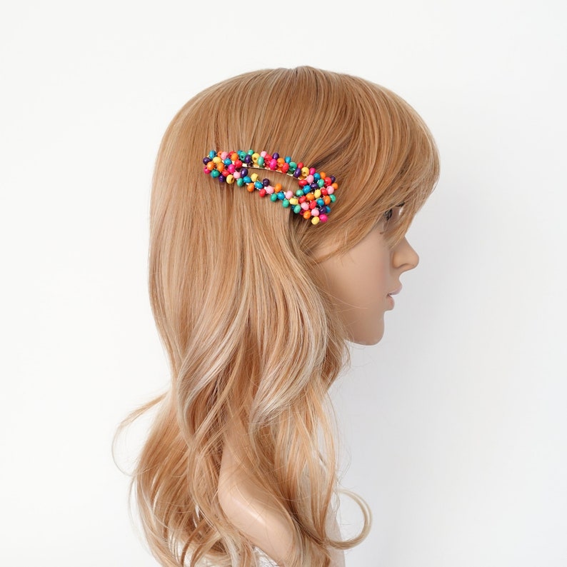 Rainbow Crystal Beaded Snap Clip Wood Embellished Hair Clip - Etsy