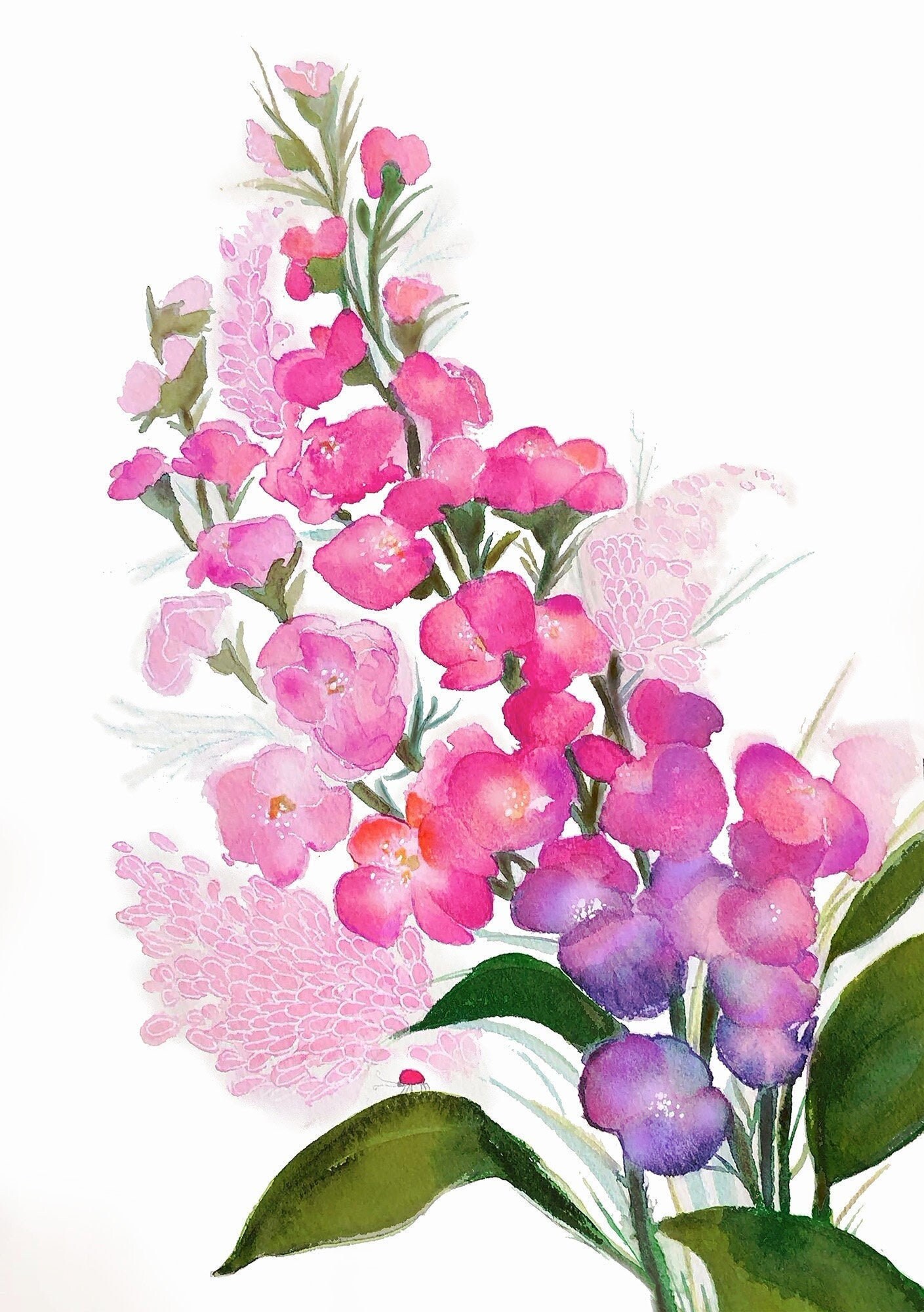 Pink Stocks Watercolor Flowers Painting, Floral Art Print, Home Decor ...