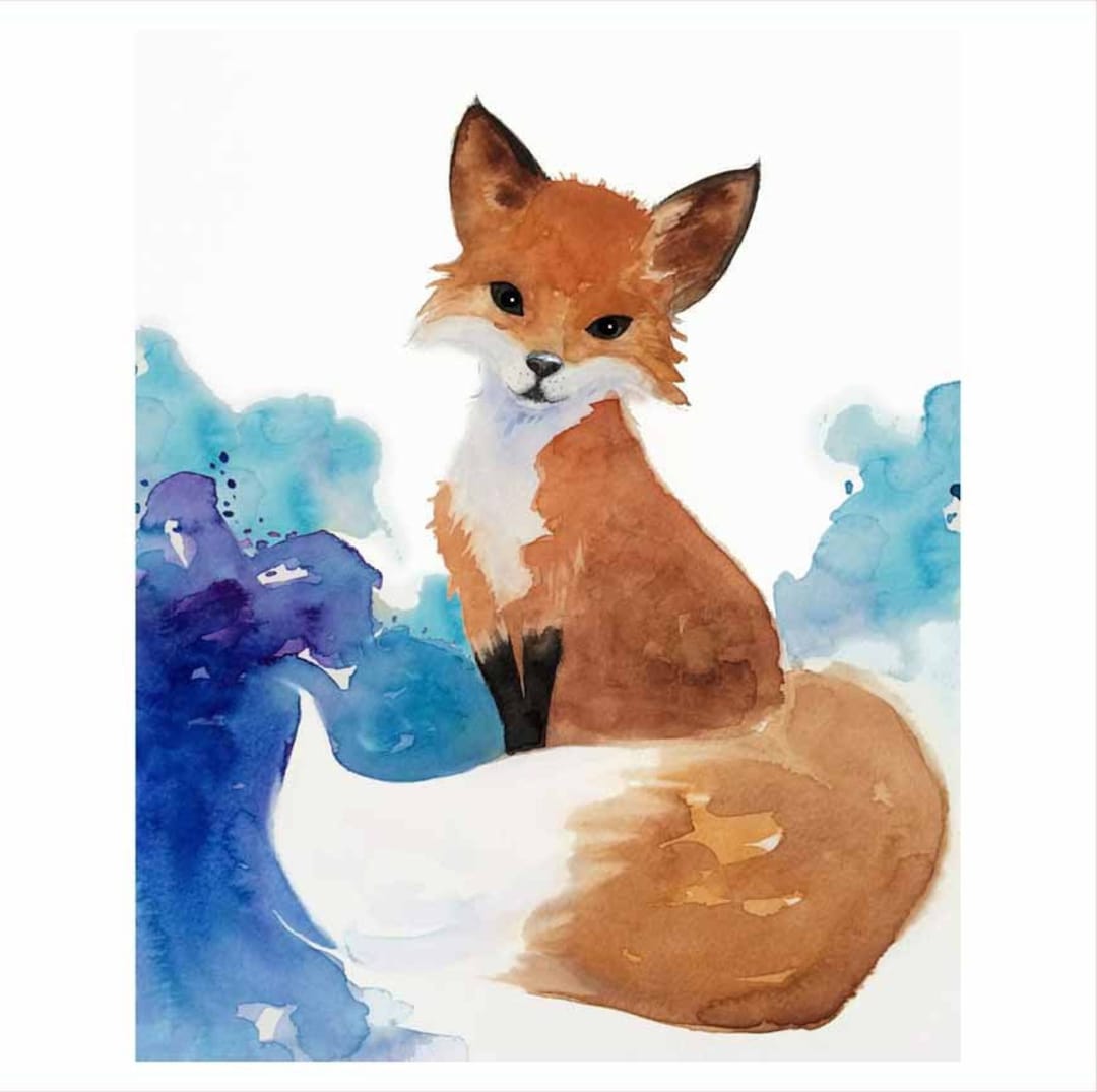 Cute Watercolor Fox Giclee Art Print, Brown, White and Blue Decor ...