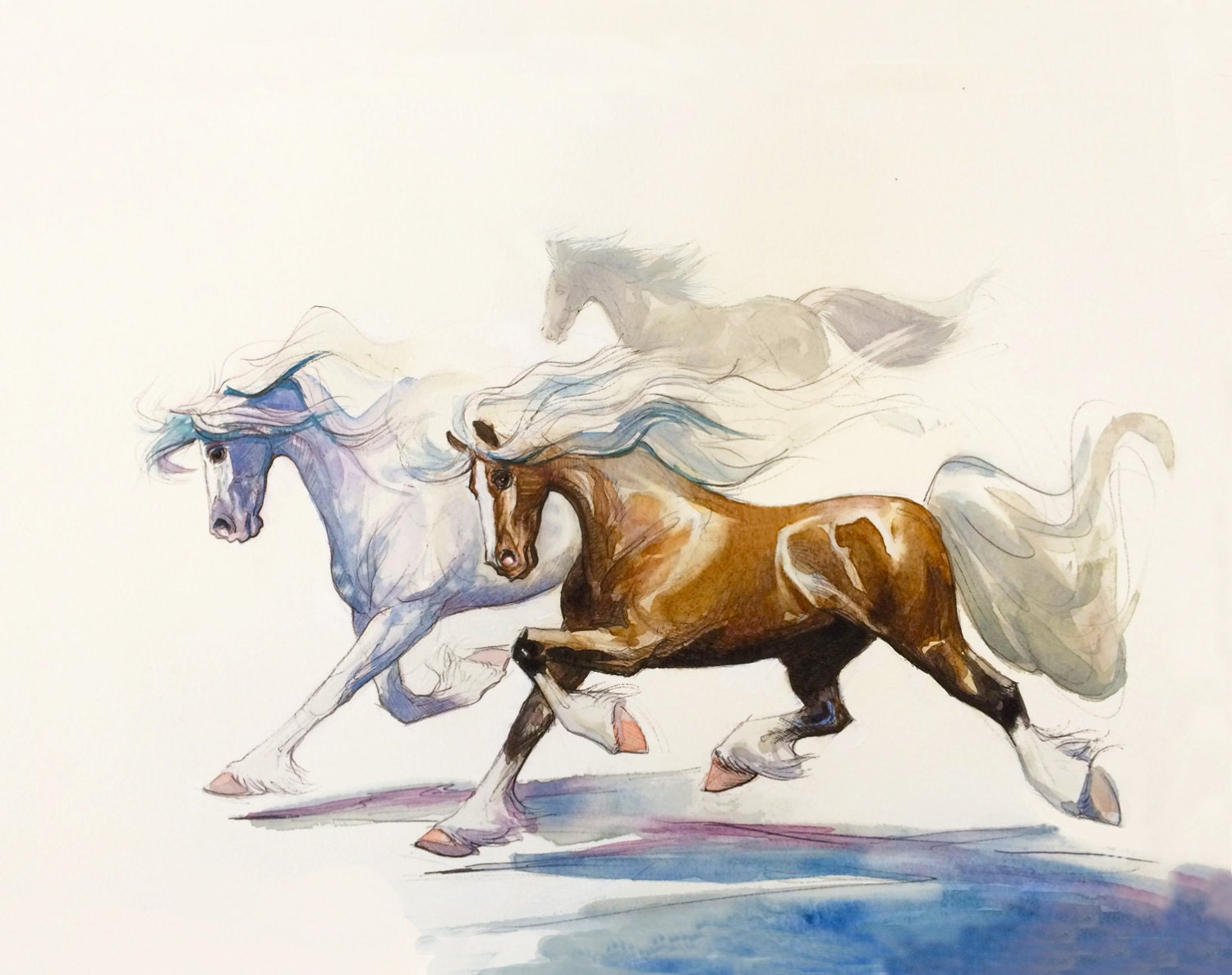 Horse Art, Watercolor Pen and Ink Painting, Blue and Brown Decor, Art ...