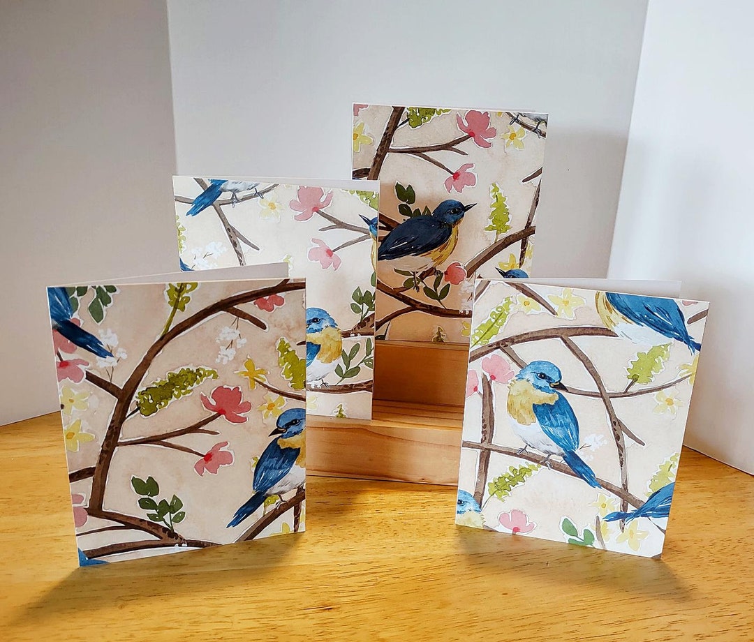 Handmade Blue Birds Note Card Set, Blue Birds on Tree Branches Card Set ...