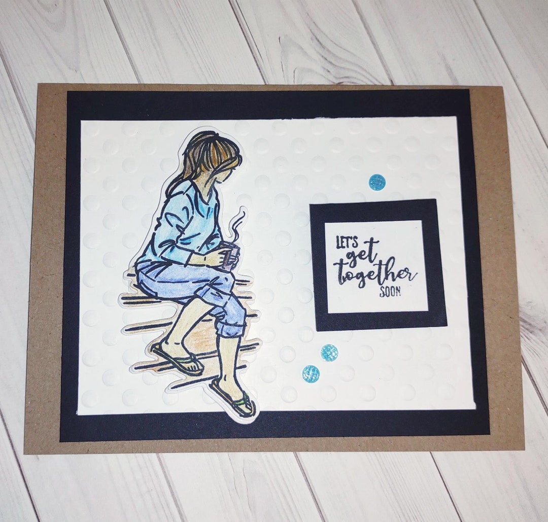 Let's Get Together Soon Blank Note Card, Blue Denim and Coffee ...