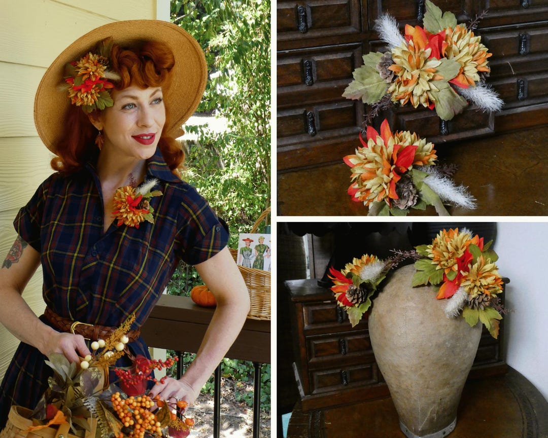 1940's Inspired 2pc Autumn Floral Chartreuse & Orange Hairclip Set W ...