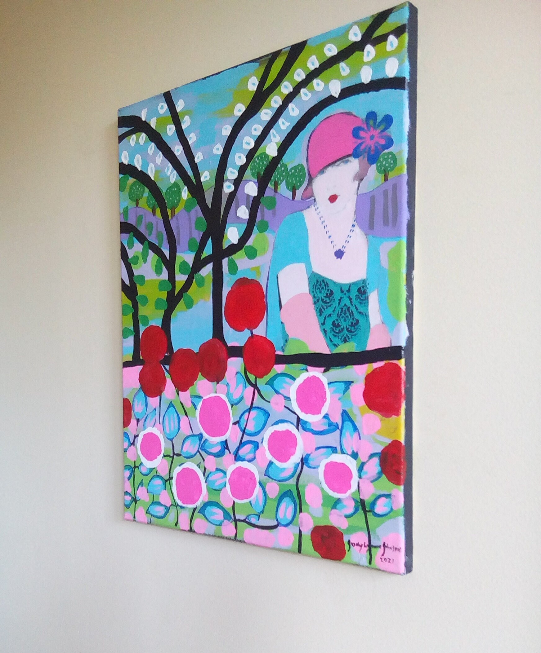 Original Collage Folk Art Painting by New England Folk Artist.....trees ...
