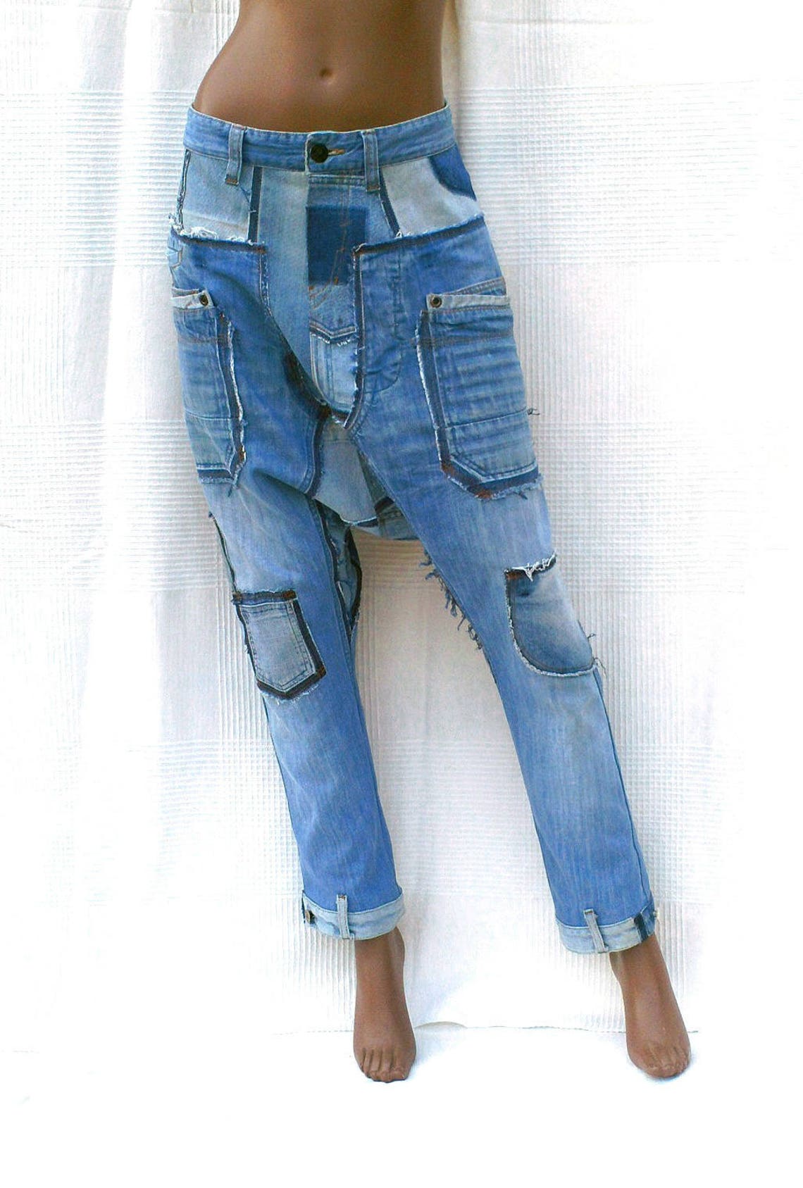 Unisex Harem Pants With Short Crotch in Patchwork of Recycled Jeans ...