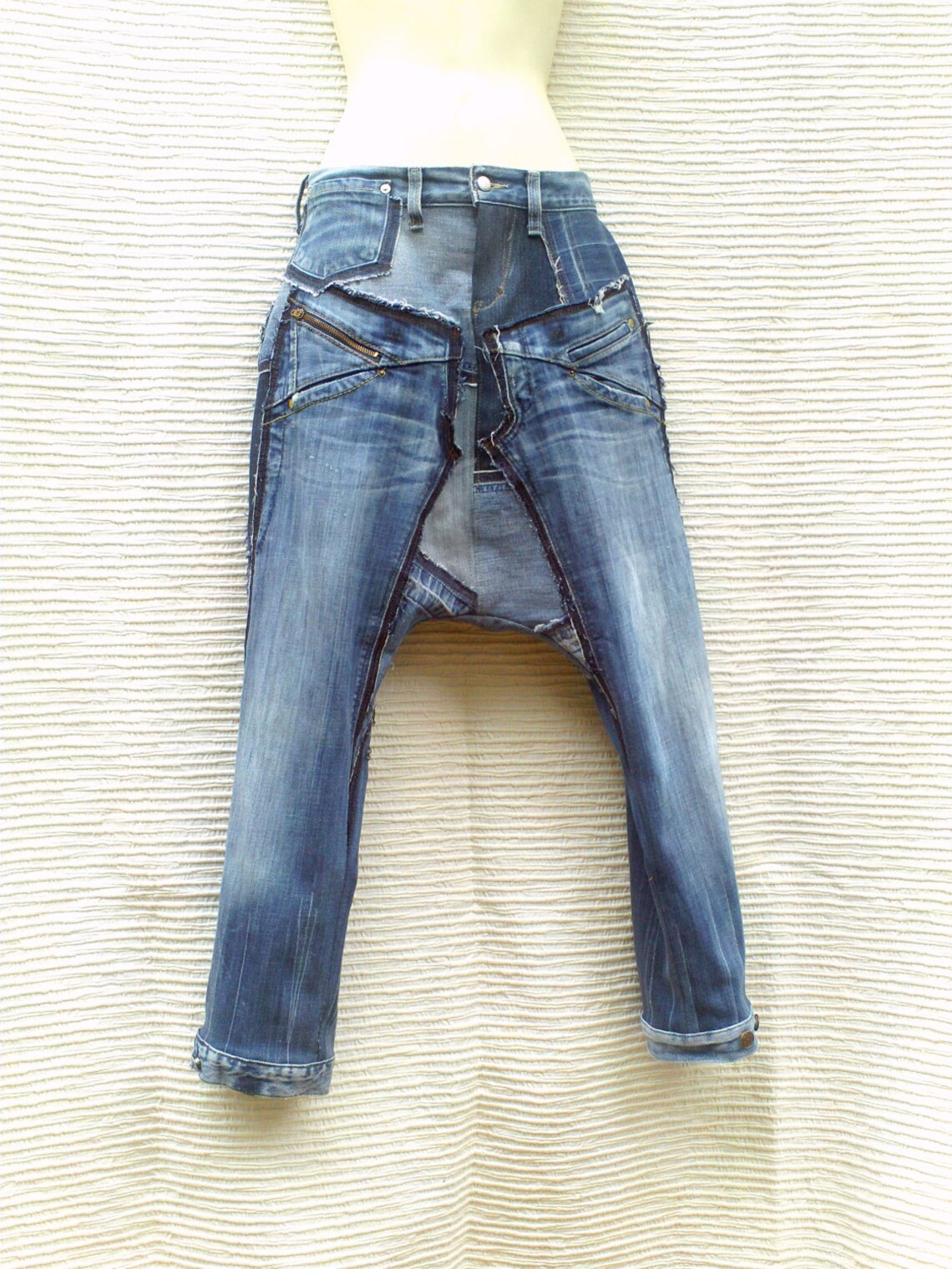 Unisex Harem Pants With Short Crotch in Patchwork of Recycled Jeans ...