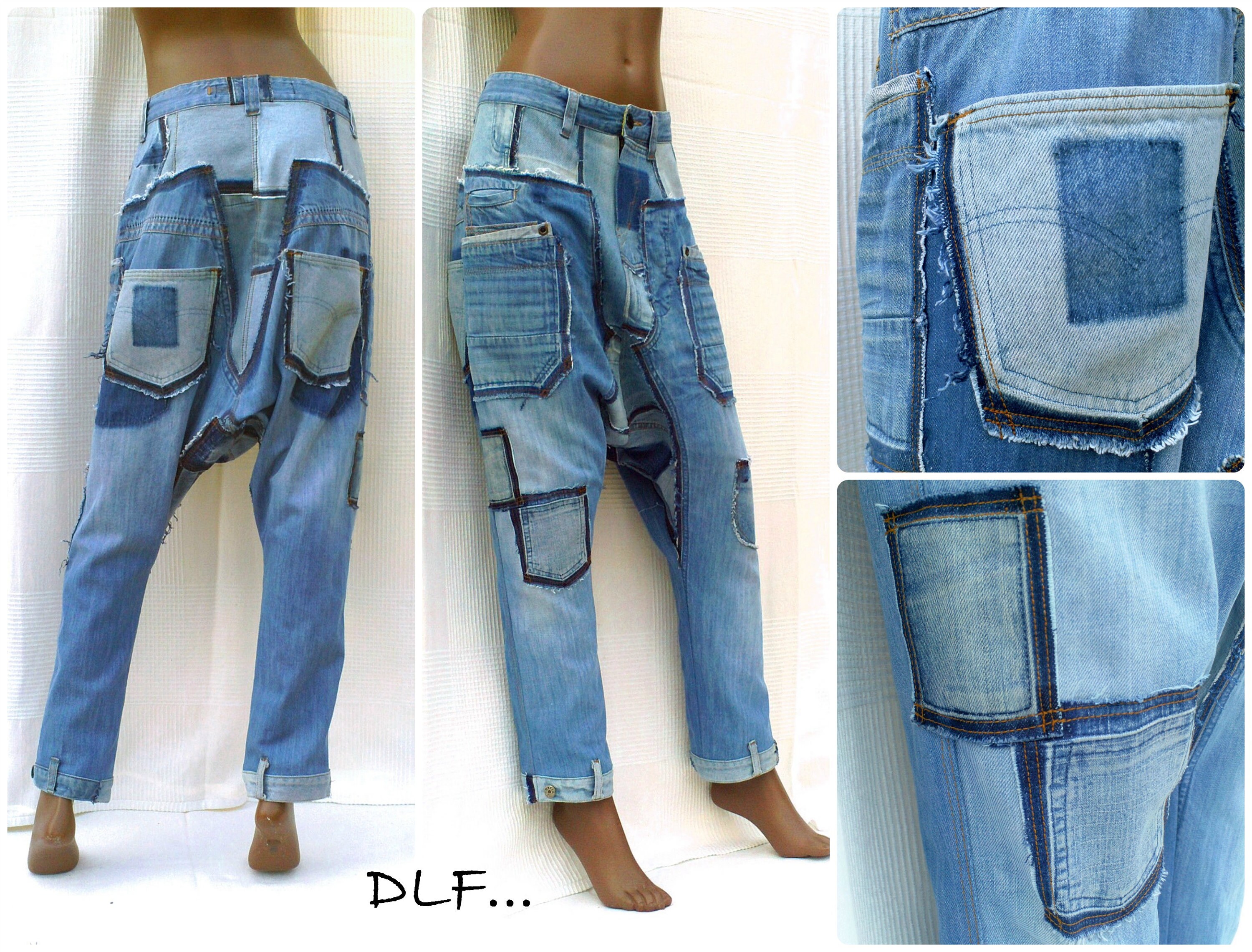 Unisex Harem Pants With Short Crotch in Patchwork of Recycled Jeans ...