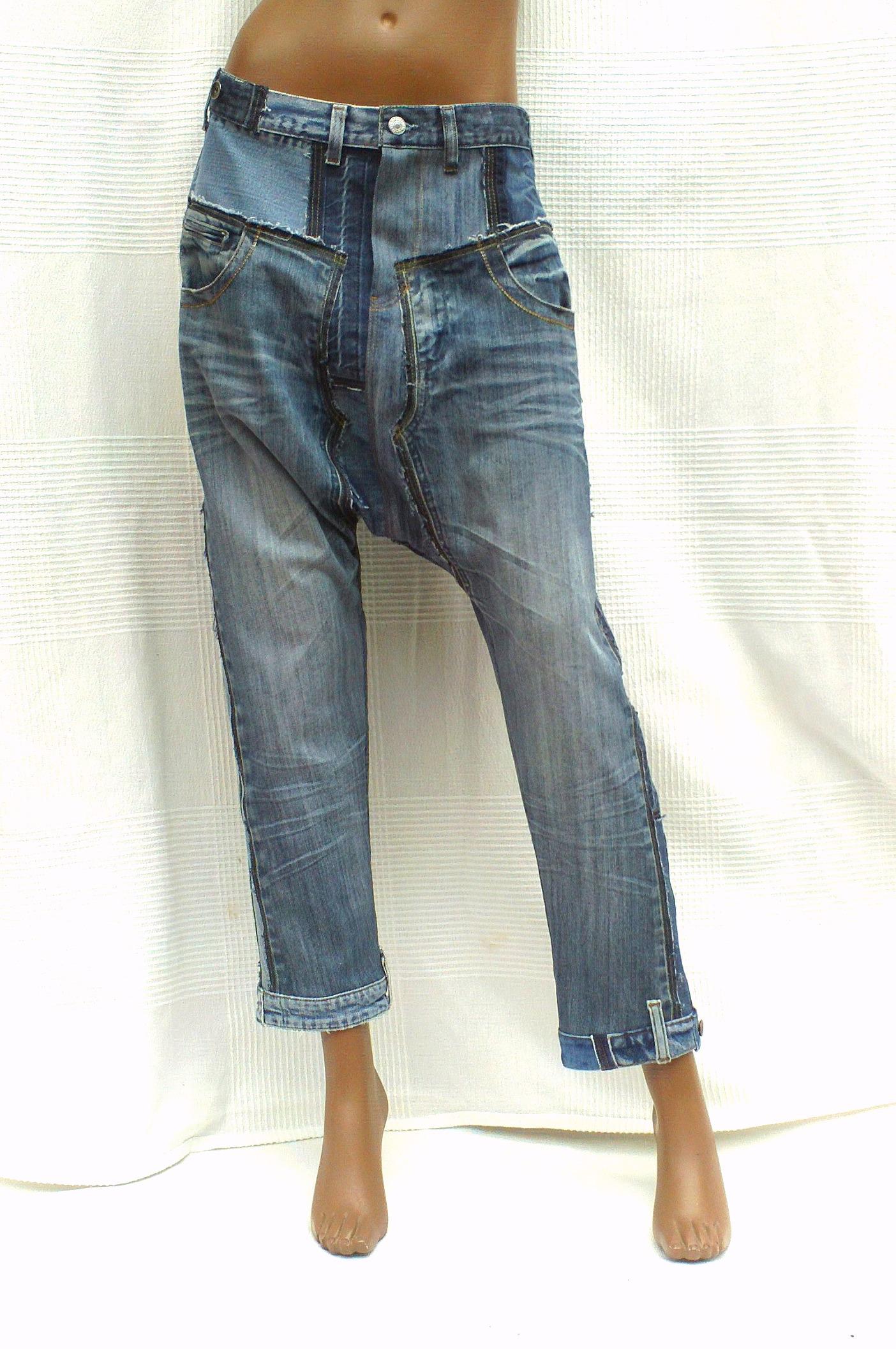 Unisex Harem Pants With Short Crotch in Patchwork of Recycled Jeans ...
