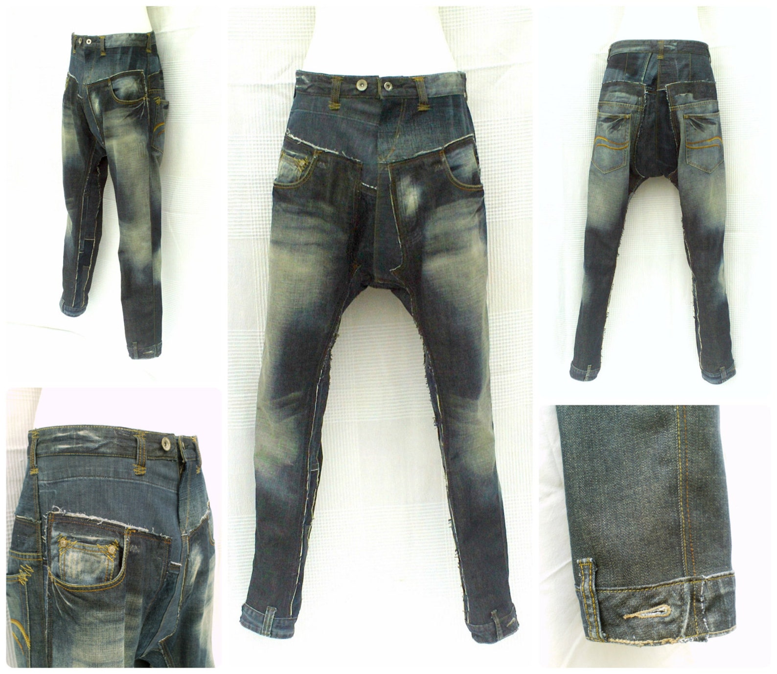 Unisex Harem Pants With Short Crotch in Patchwork of Recycled Jeans ...
