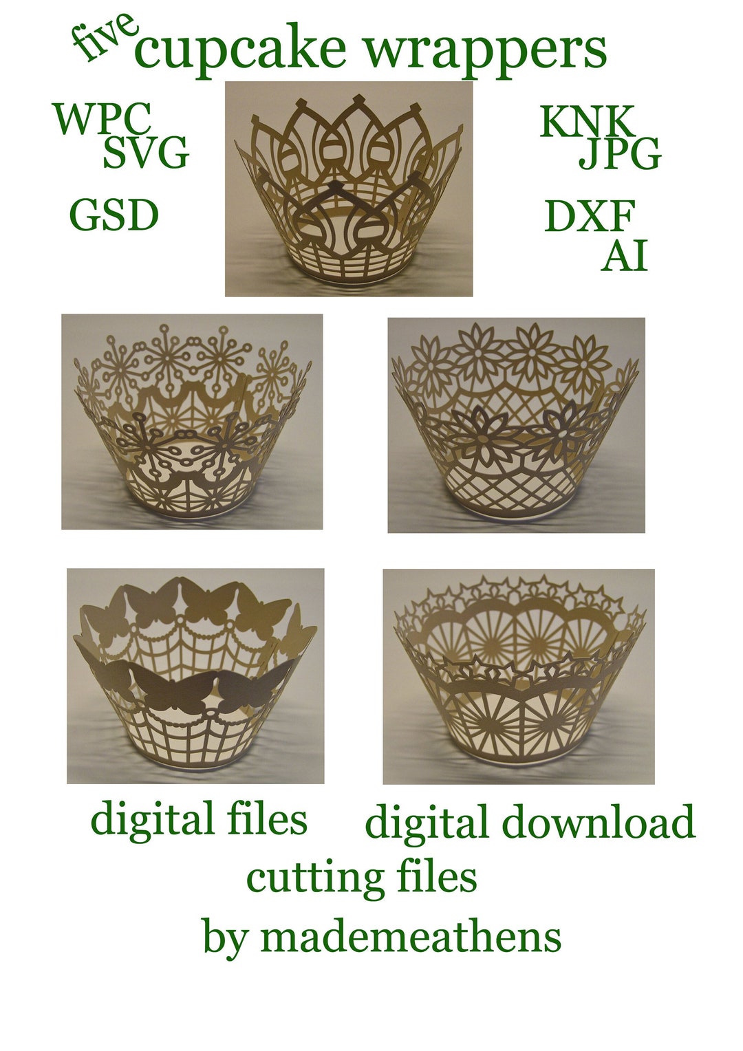 Five Cupcake Wrappers Digital Download Files Wpc/svg/knk/jpg/gsd/dxf/ai ...