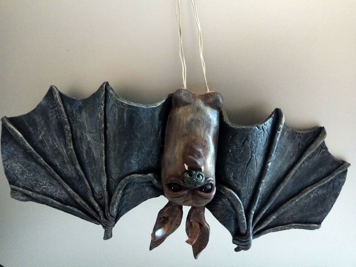 Polymer Clay Bat Ornament Totally Handmade Sculpture Hanging Upside ...