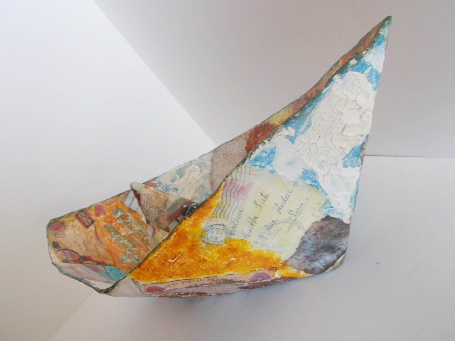 Art Decorative Decoupaged Boat Mixed Media Art Colorful Ship | Etsy