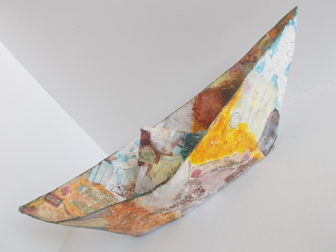 Art Decorative Decoupaged Boat Mixed Media Art Colorful Ship - Etsy