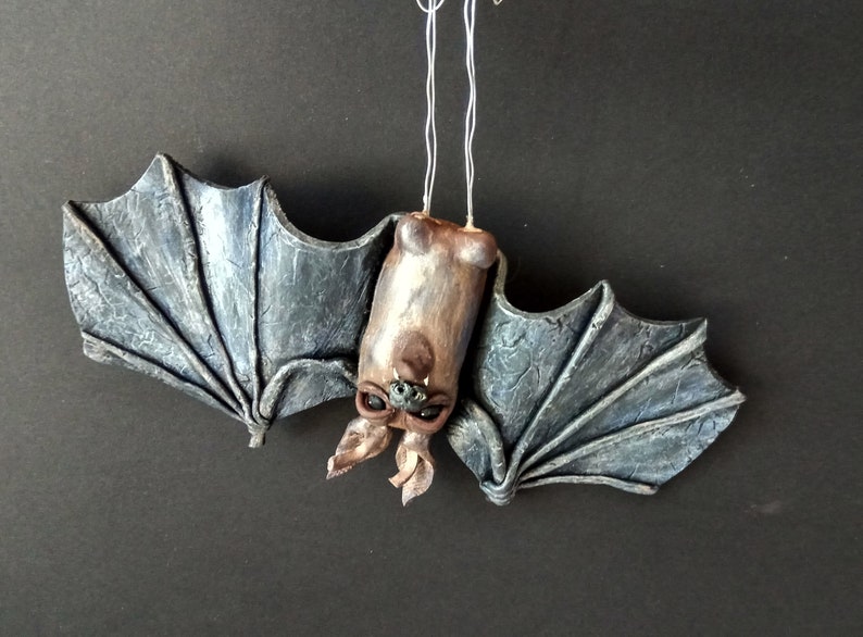 Polymer Clay Bat Ornament Totally Handmade Sculpture Hanging Upside ...