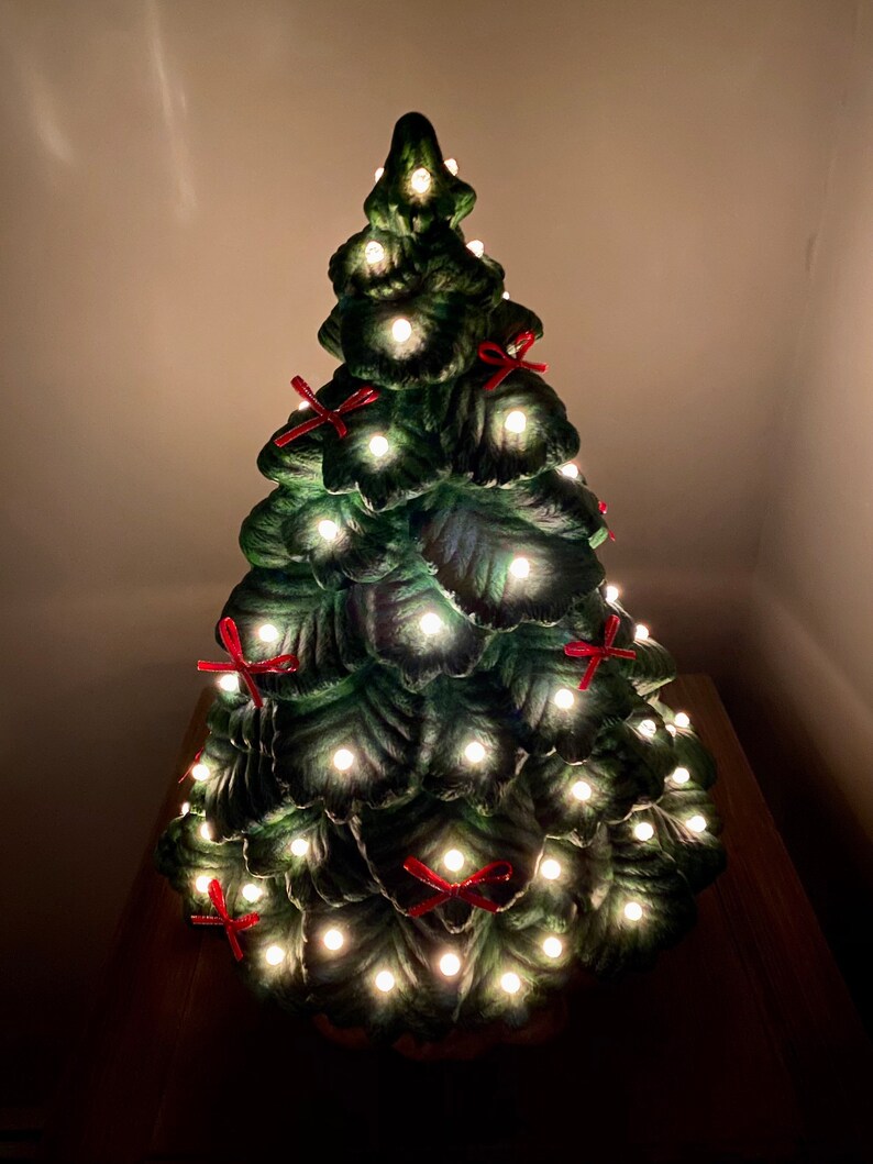 Ceramic Spruce Christmas Tree With Clear Lights and Red Bows - Etsy