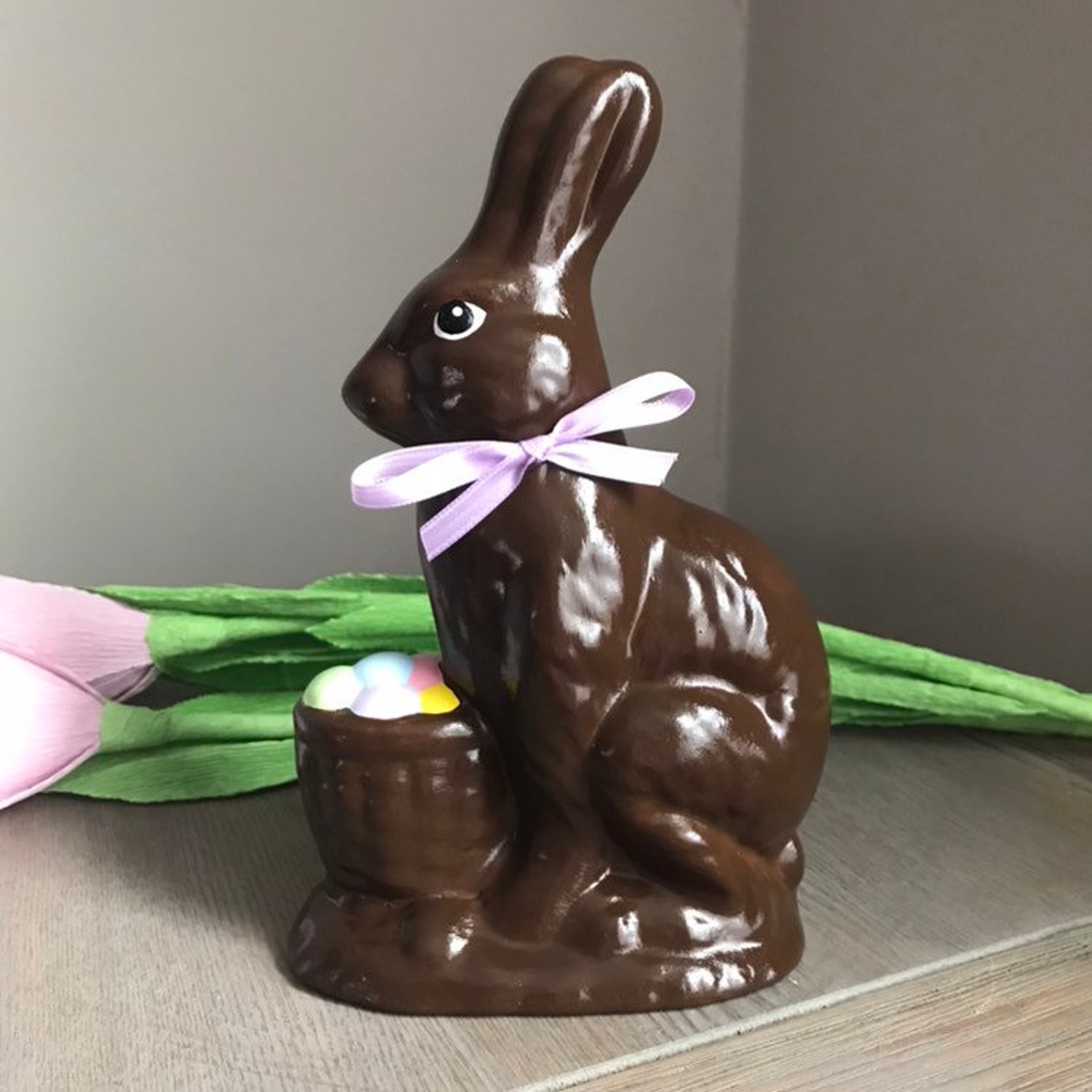 Ceramic Chocolate Easter Bunny sitting With Basket - Etsy