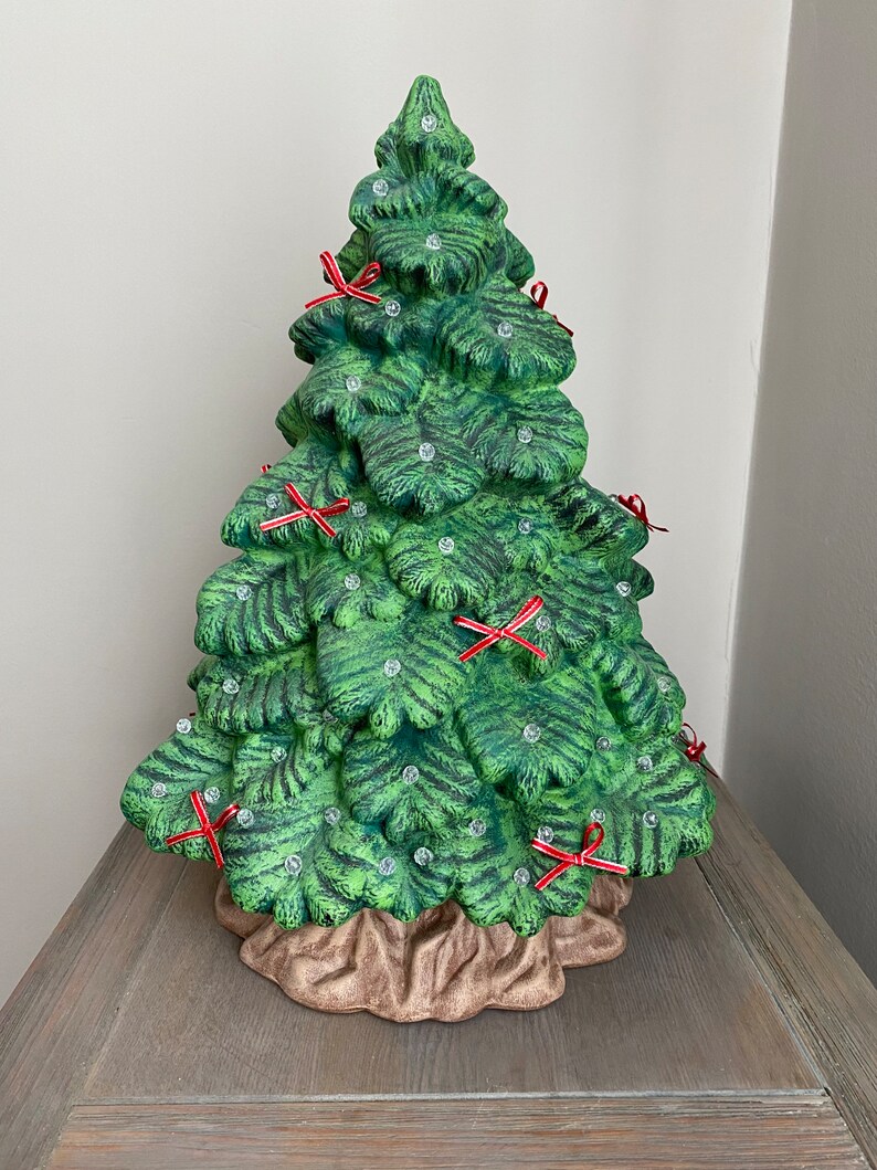 Ceramic Spruce Christmas Tree With Clear Lights and Red Bows - Etsy