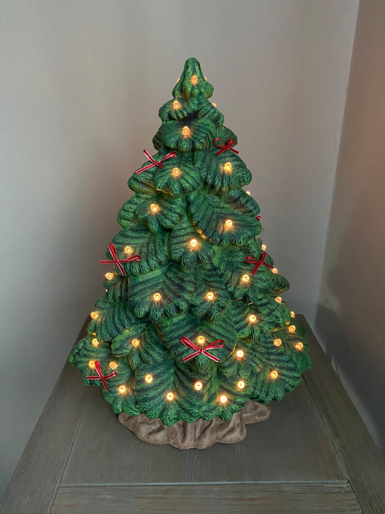 Ceramic Spruce Christmas Tree With Clear Lights and Red Bows - Etsy