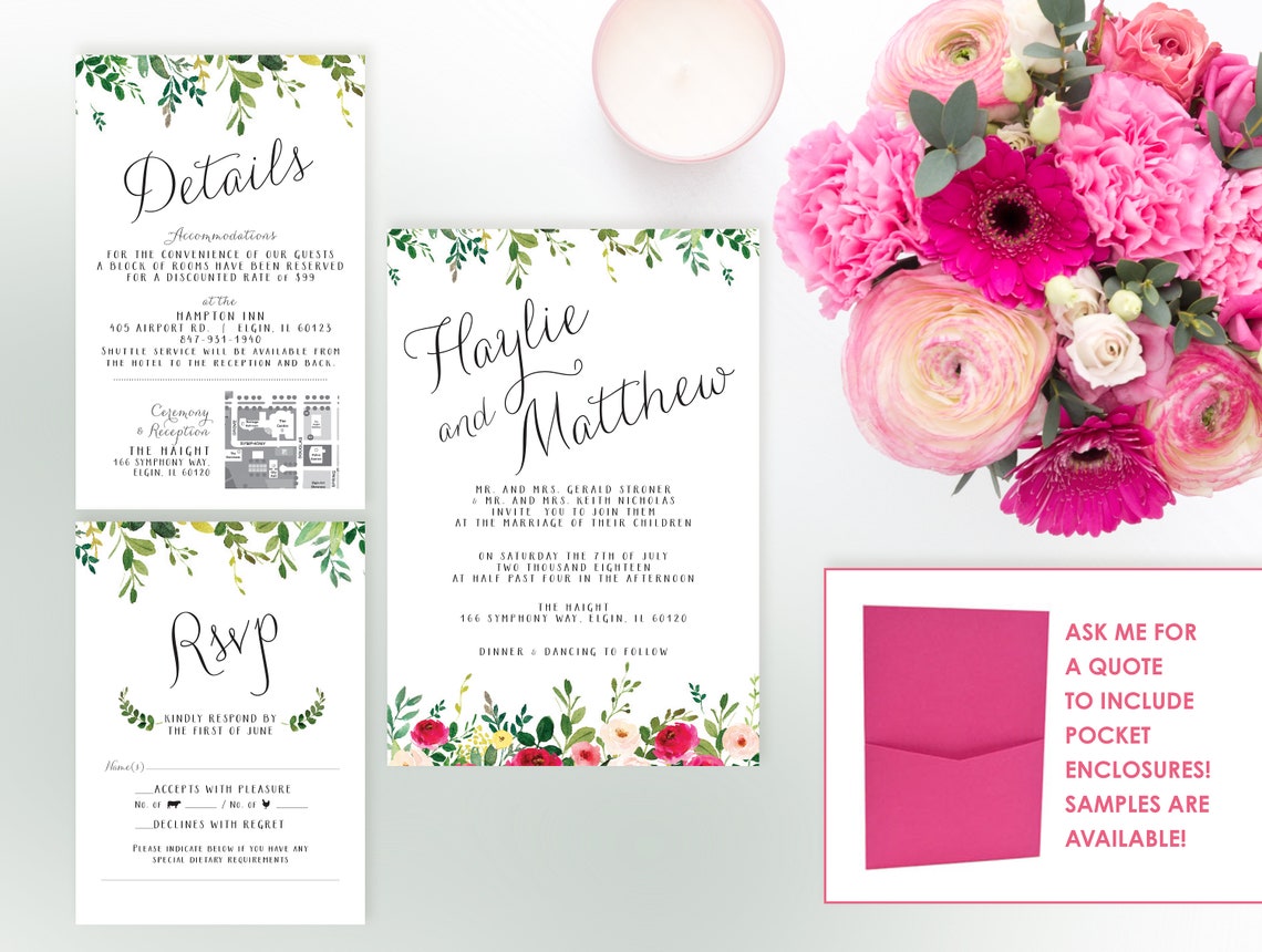 Spring Pink Wedding Invitation Set Floral and Vines Includes - Etsy