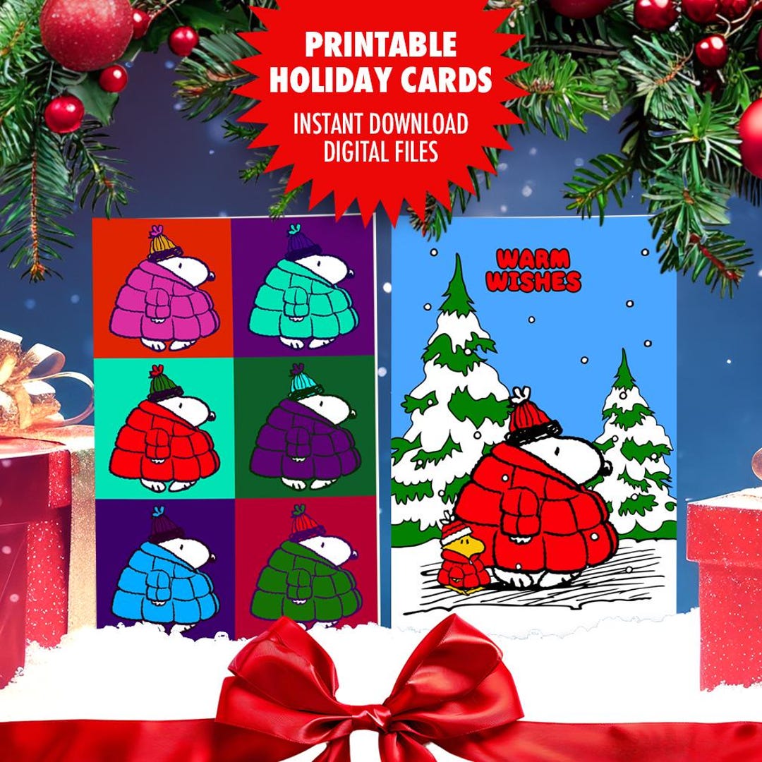 Snoopy Puffer Jacket Printable Holiday Card Set Cute Winter Puffy Coat ...