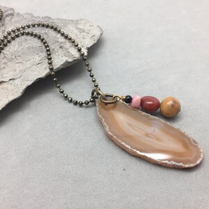 Agate Slice Pendant W/ Agate & Flower Bead Dangle 2 1/2 X 7/8 on 24 ...