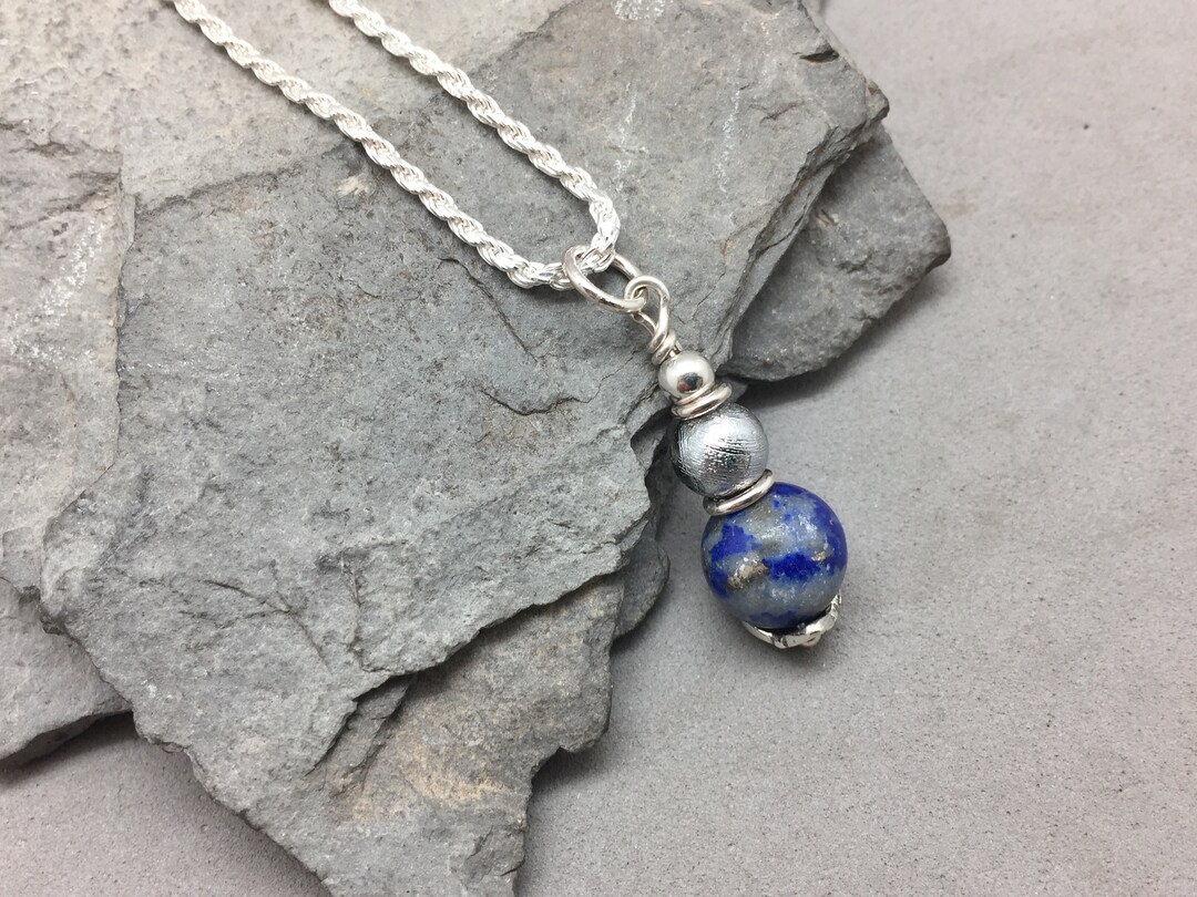 Genuine Meteorite Sphere Bead & Blue Lapis Pendant Sterling Silver 20 ...