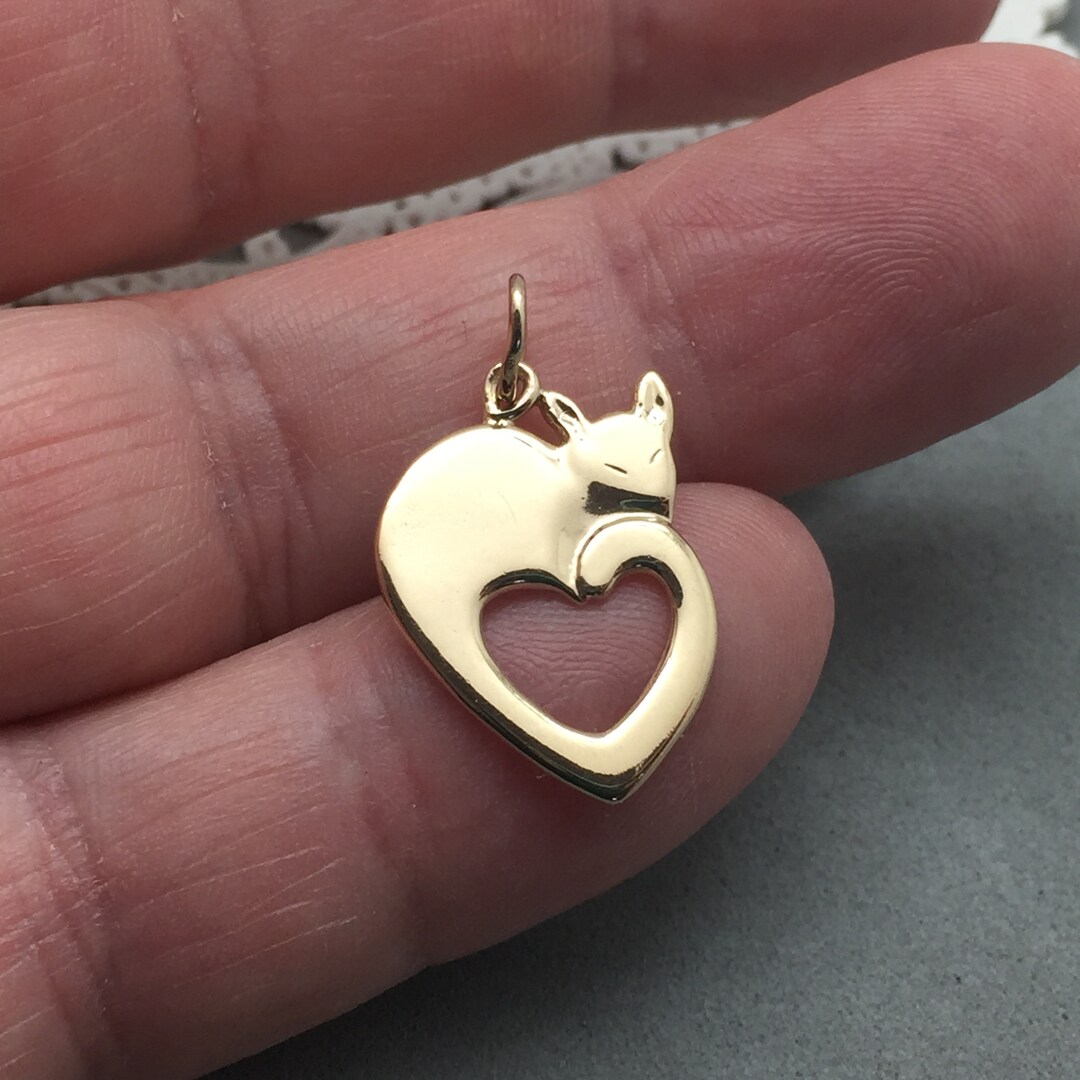 14k Solid Yellow Gold Kitty Love Cat Heart Pendant Charm Hand Made 1x 1 ...