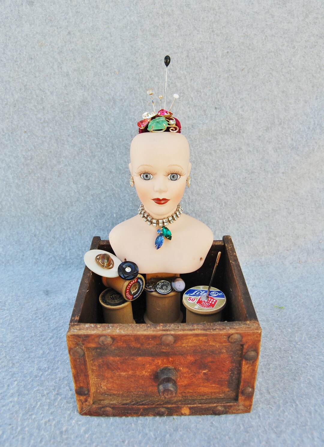 Miss Matilda Pincushion Doll Head Sewing Drawer Caddie Box Assemblage ...