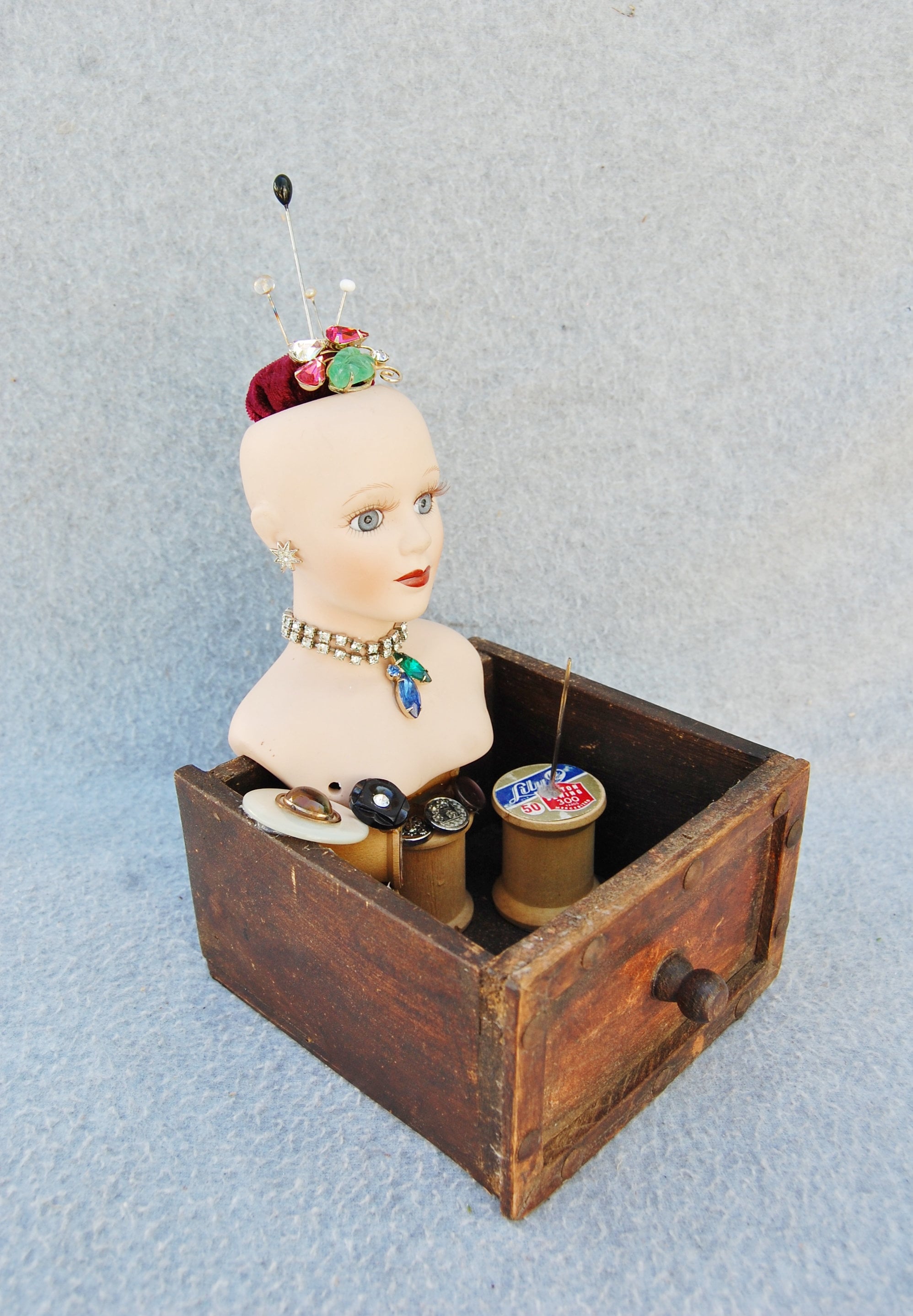 Miss Matilda Pincushion Doll Head Sewing Drawer Caddie Box - Etsy