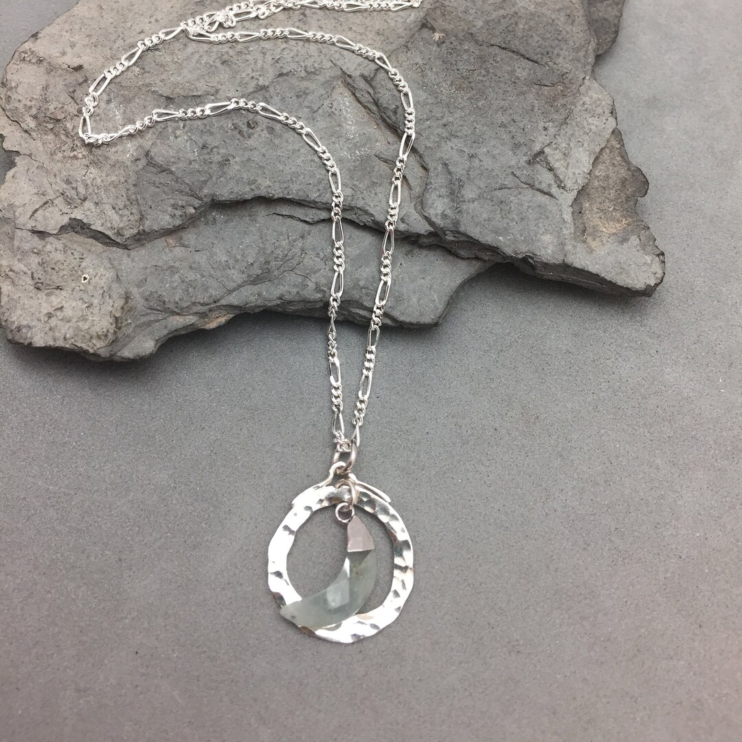 Blue Aquamarine Moon Hammered Circle Pendant Sterling Silver Handmade ...