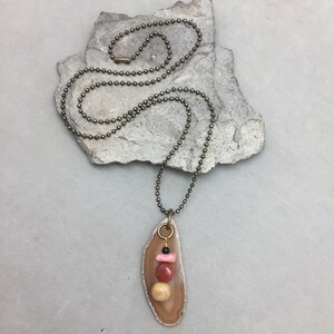 Agate Slice Pendant W/ Agate & Flower Bead Dangle 2 1/2 X 7/8 on 24 ...
