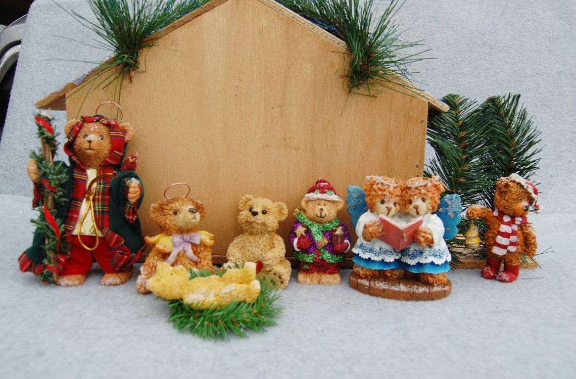 Christmas Nativity Manger Set Teddy Bears Wood Creche 8 Resin | Etsy