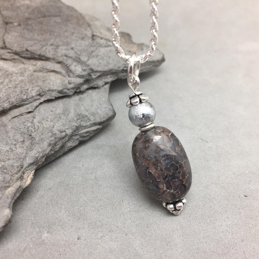 Dinosaur Bone & Meteorite Sphere Pendant Necklace Sterling Silver Rope ...