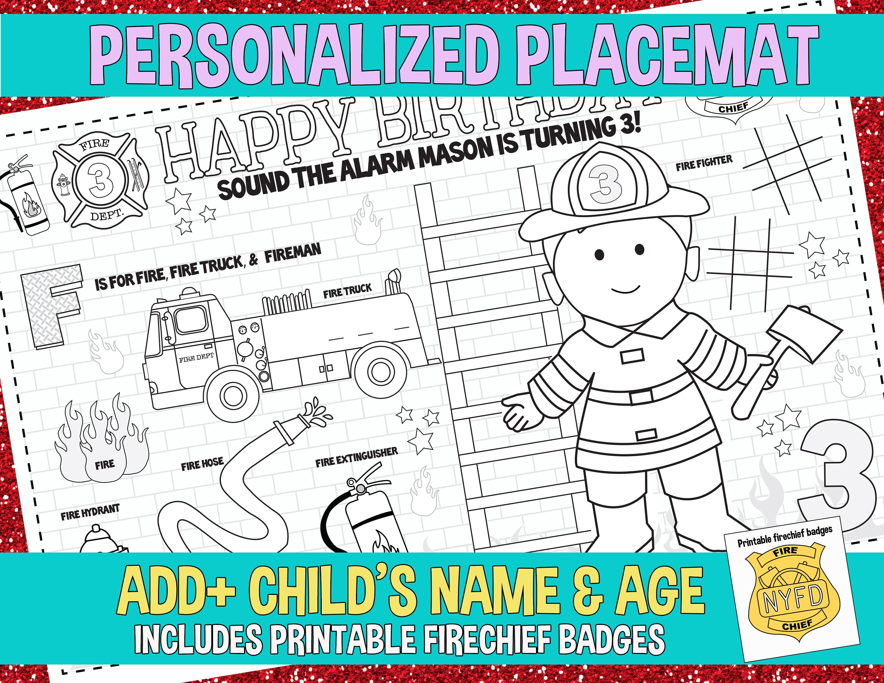 PERSONALIZED FIRE Fighter-kids Activity Placemat- Digital File Only - Etsy