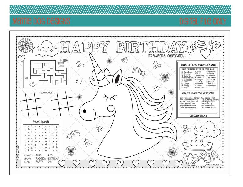 UNICORN PARTY-Kids activity placemat Digital file only | Etsy