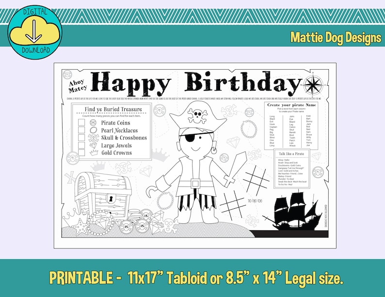 PIRATE PARTY- Kids Activity Placemat- Digital File Only - Etsy