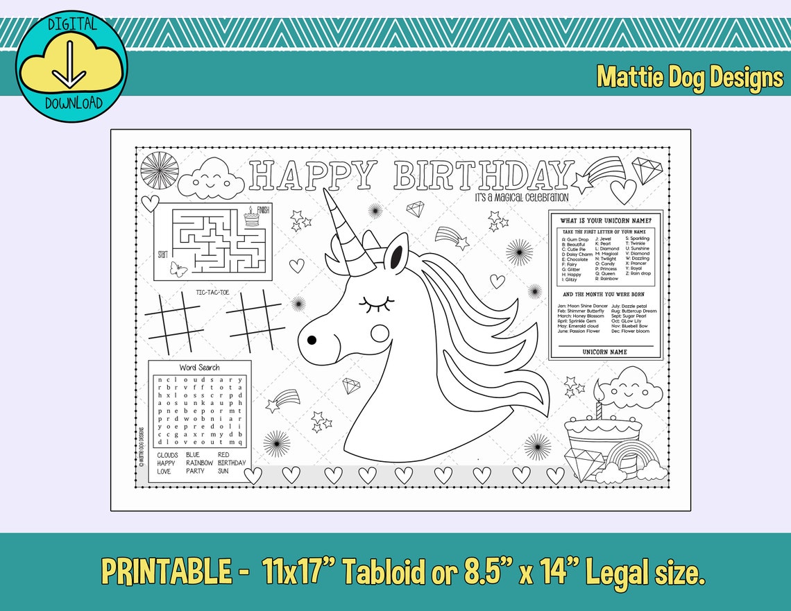 UNICORN Party-kids Activity Placemat- Digital File Only - Etsy