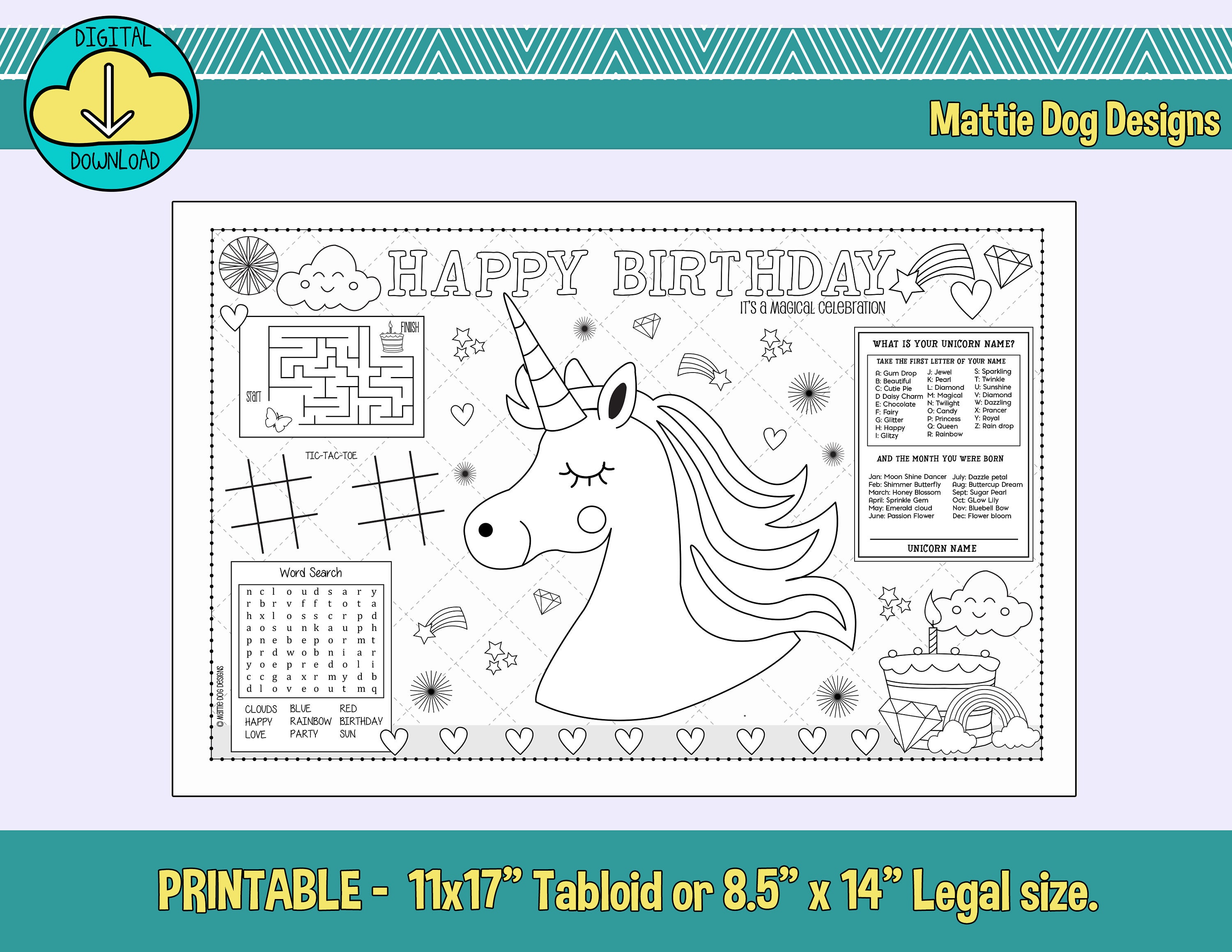 UNICORN Party-kids Activity Placemat- Digital File Only - Etsy