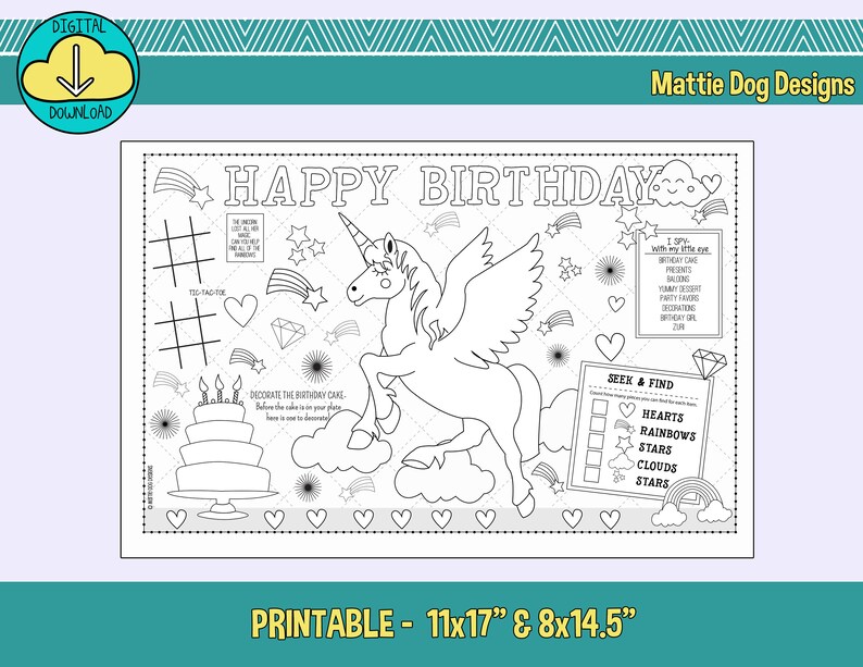 UNICORN Party-kids Activity Placemat Digital File Only - Etsy